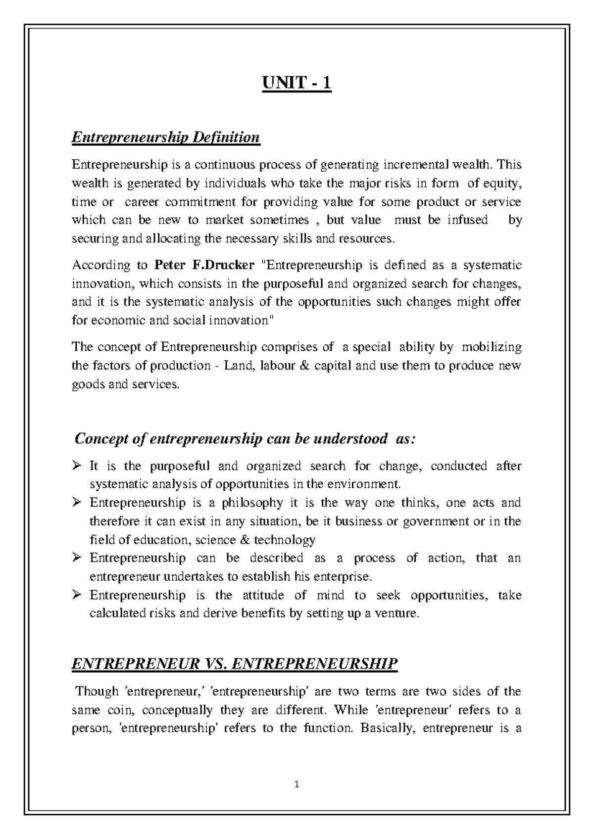 Entrepreneurship Unit 1 - UNIT - 1 Entrepreneurship Definition ...