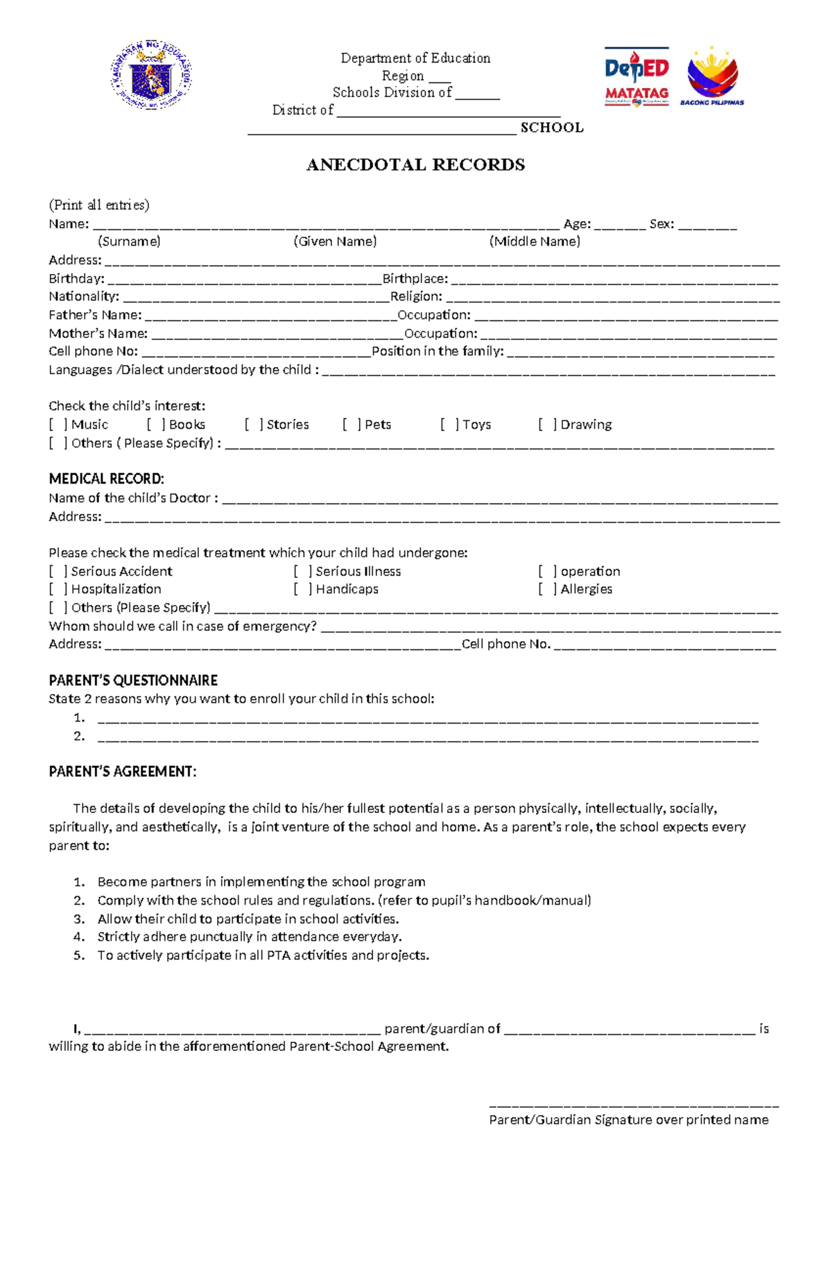 Anecdotal Record FORM - NATIONAL LEARNING CAMP - Department of ...