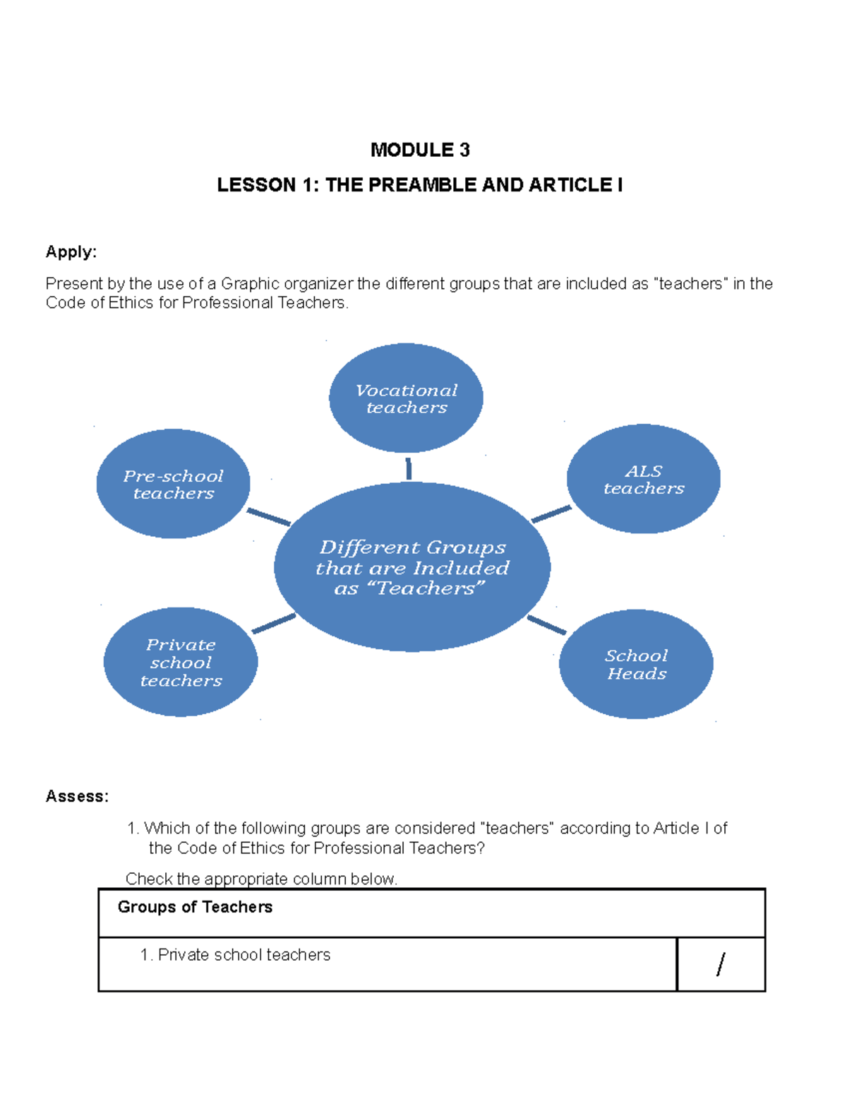 TTP Module 3 - MODULE 3 LESSON 1: THE PREAMBLE AND ARTICLE I Apply ...