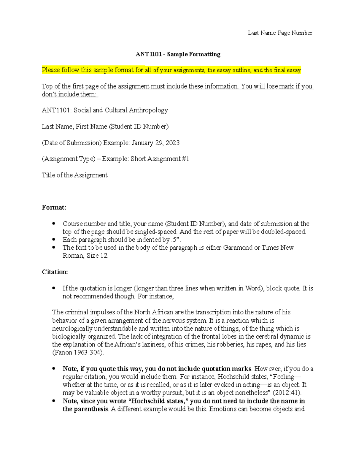 ANT1101.Sample Formatting for Assignments - Last Name Page Number ...