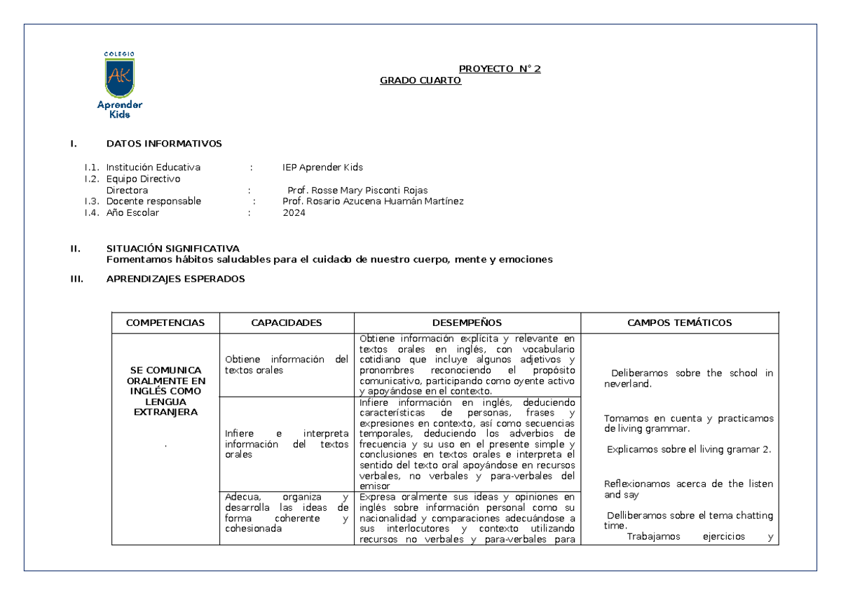 Proyecto Cuarto Grado - PROYECTO N° 2 GRADO CUARTO I. DATOS ...