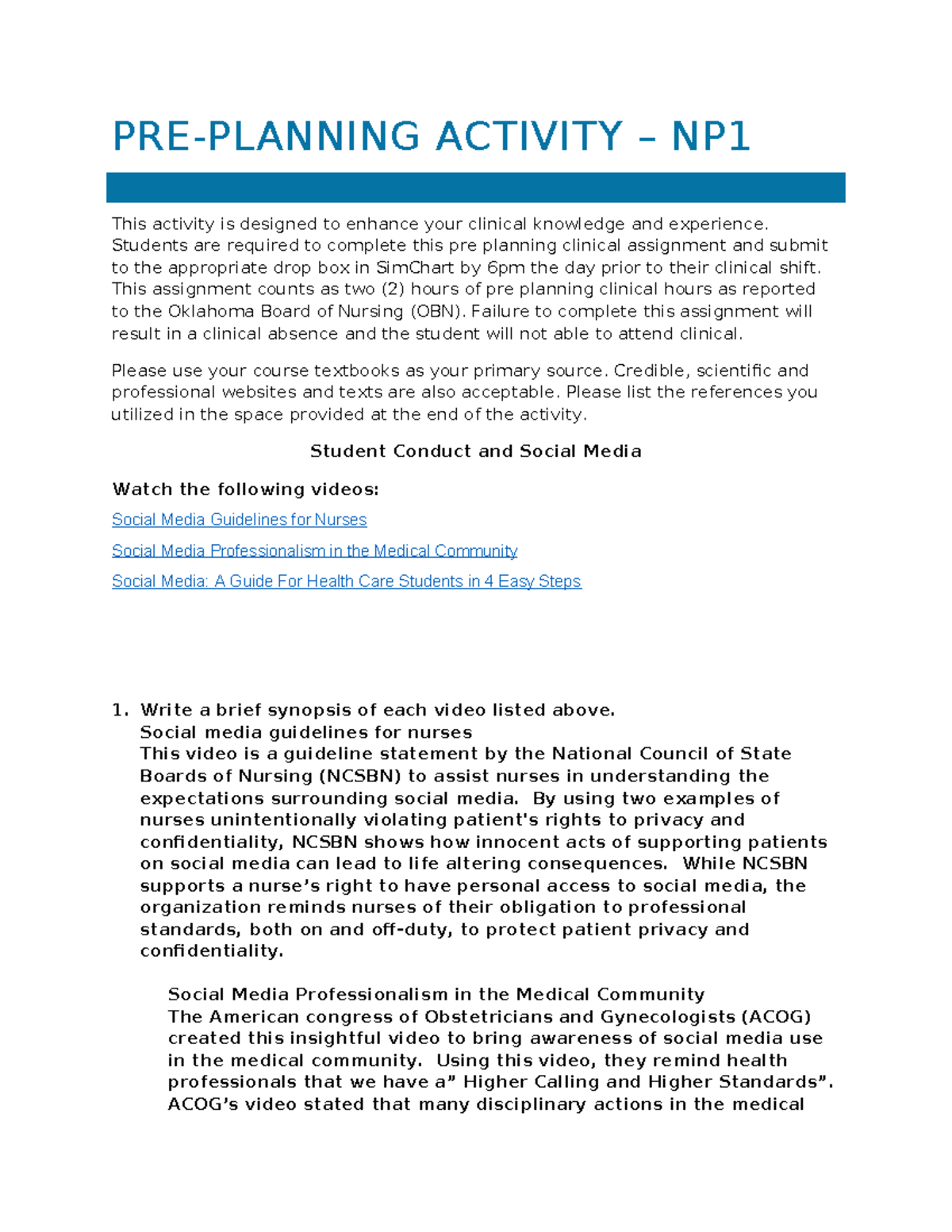 #6 Pre Plan NP1 Social Media student - PRE-PLANNING ACTIVITY – NP This ...