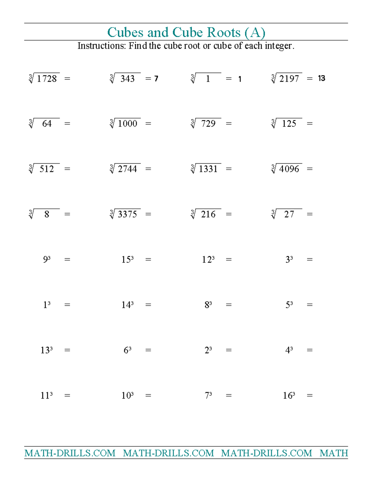 Alexis Wooten - Cube Roots Practice 1 Student - Cubes and Cube Roots (A ...
