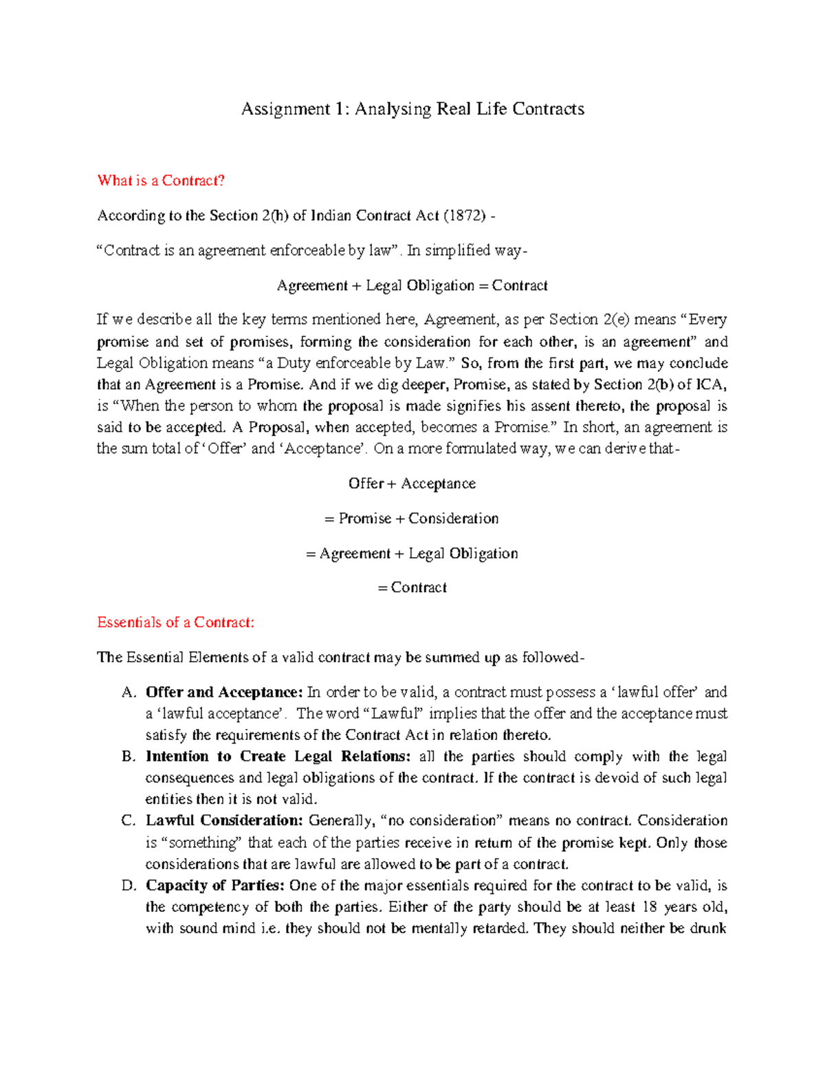 Assignment Business Laws Mitadru Chanda - Assignment 1: Analysing Real Life Contracts What is a ...