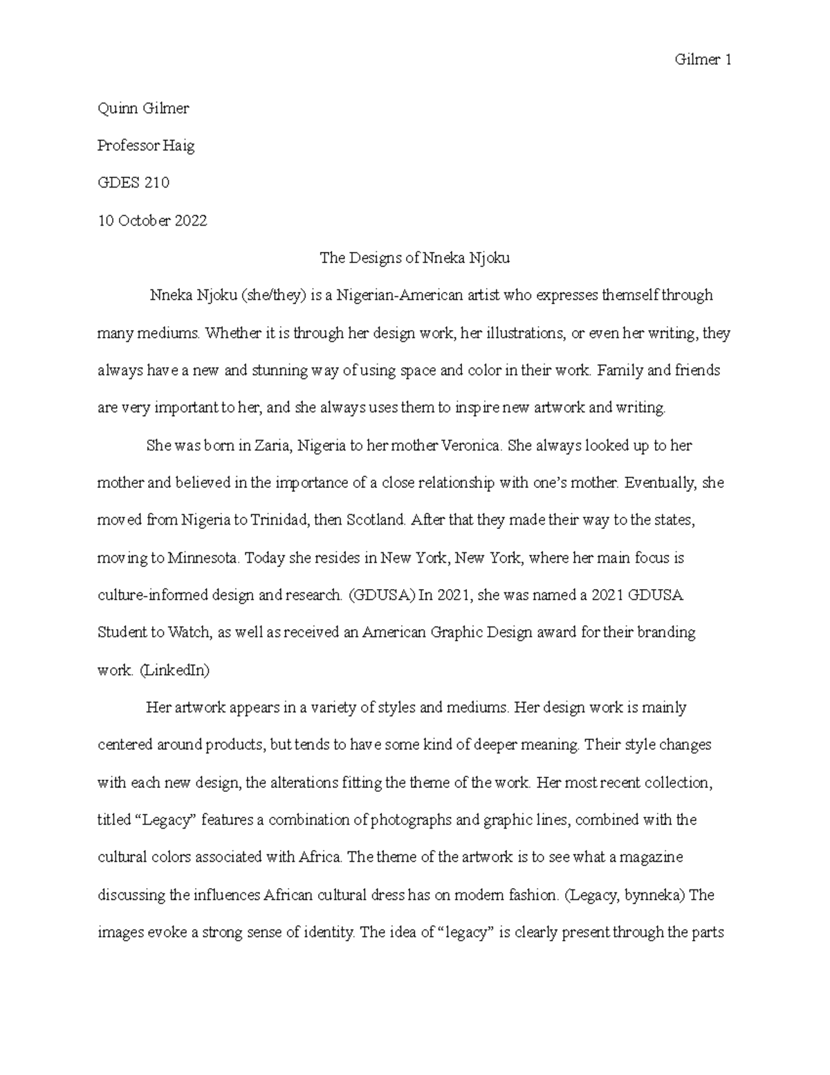 Artist Research Paper - Quinn Gilmer Professor Haig GDES 210 10 October ...