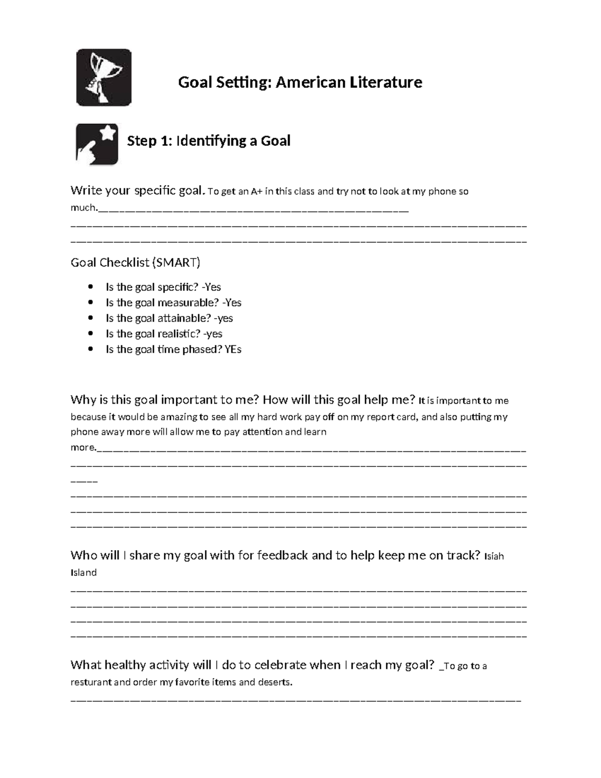 Goal Setting- Step 1 - Goal Setting: American Literature Step 1 ...