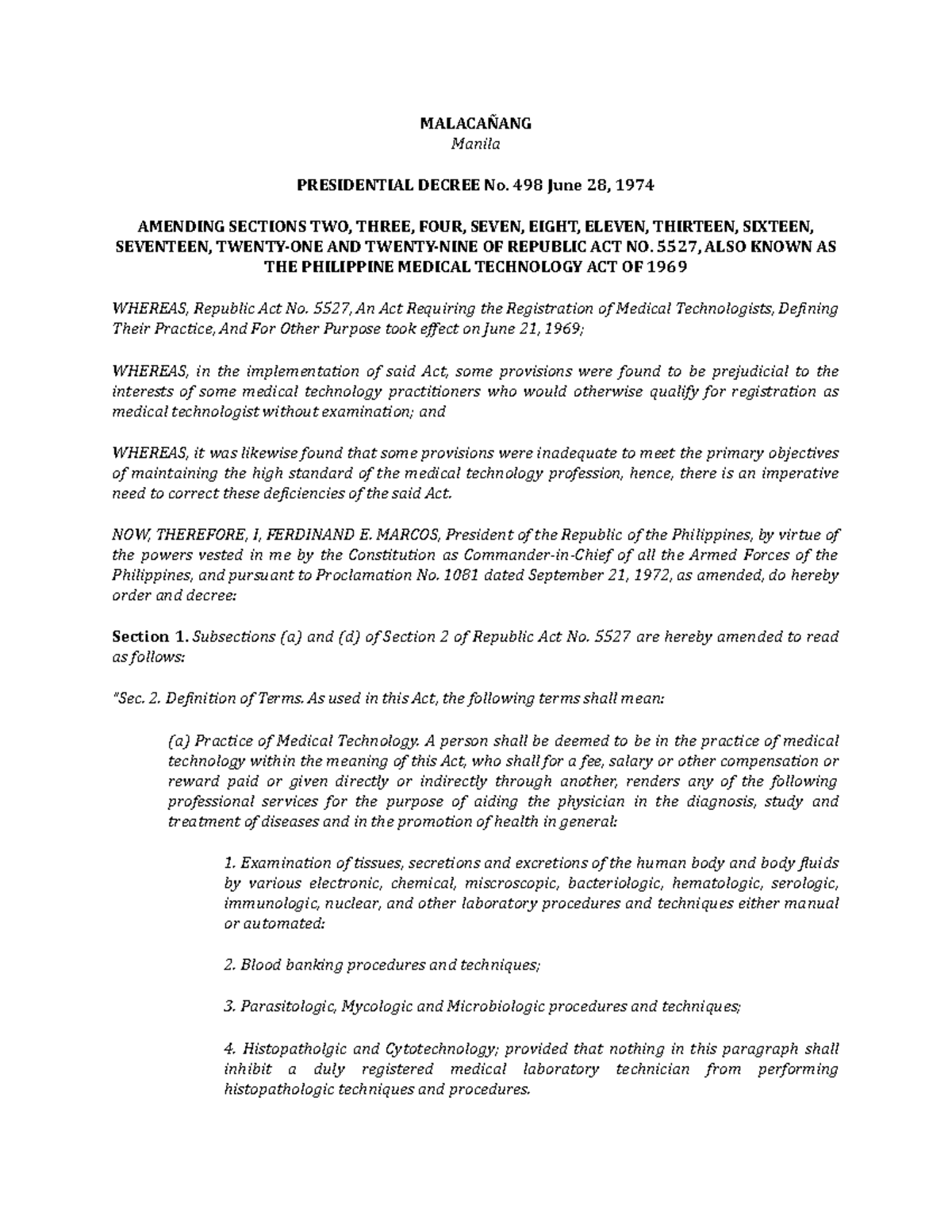 PD 498 - PD 498 - MALACAÑANG Manila PRESIDENTIAL DECREE No. 498 June 28 ...