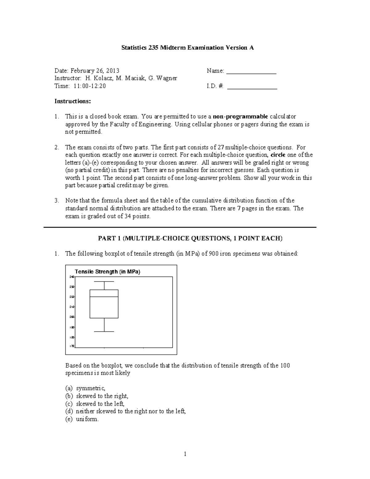 STAT235 Midterm 2013 Winter - Statistics 235 Midterm Examination ...