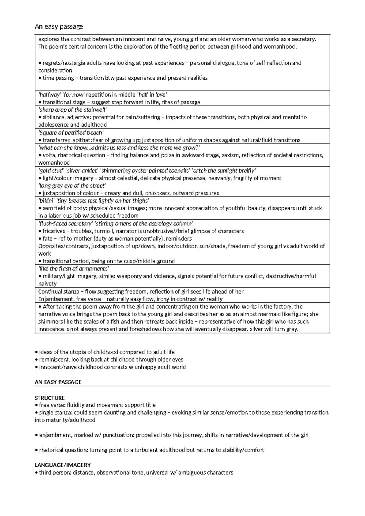 An easy passage - notes on poem - An easy passage explores the contrast ...