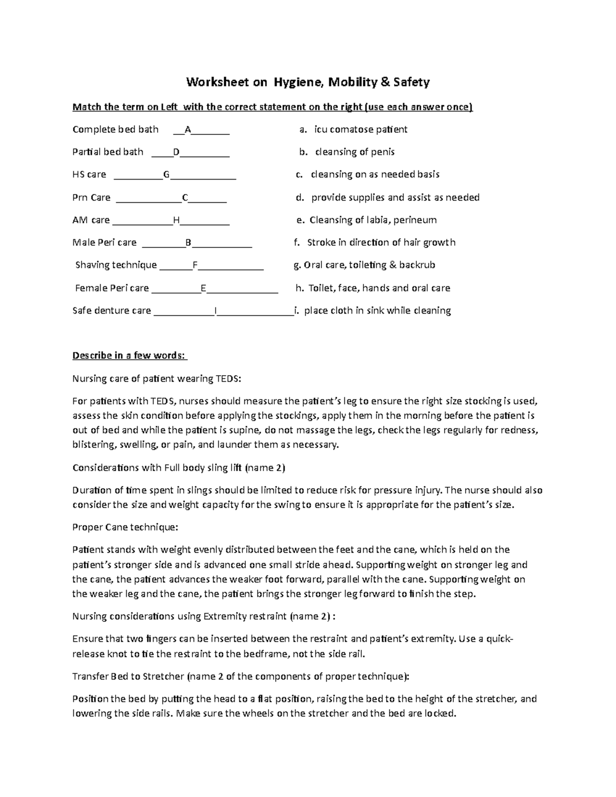 Worksheet Hygiene, Mobility & Safety - Worksheet on Hygiene, Mobility ...
