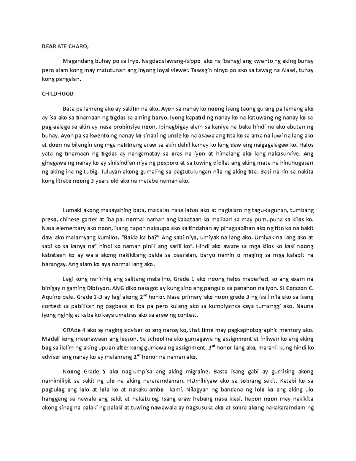 DEAR-ATE-CHAR0 - Story - DEAR ATE CHARO, Magandang buhay po sa inyo. Nagdadalawang-isippo ako na ...