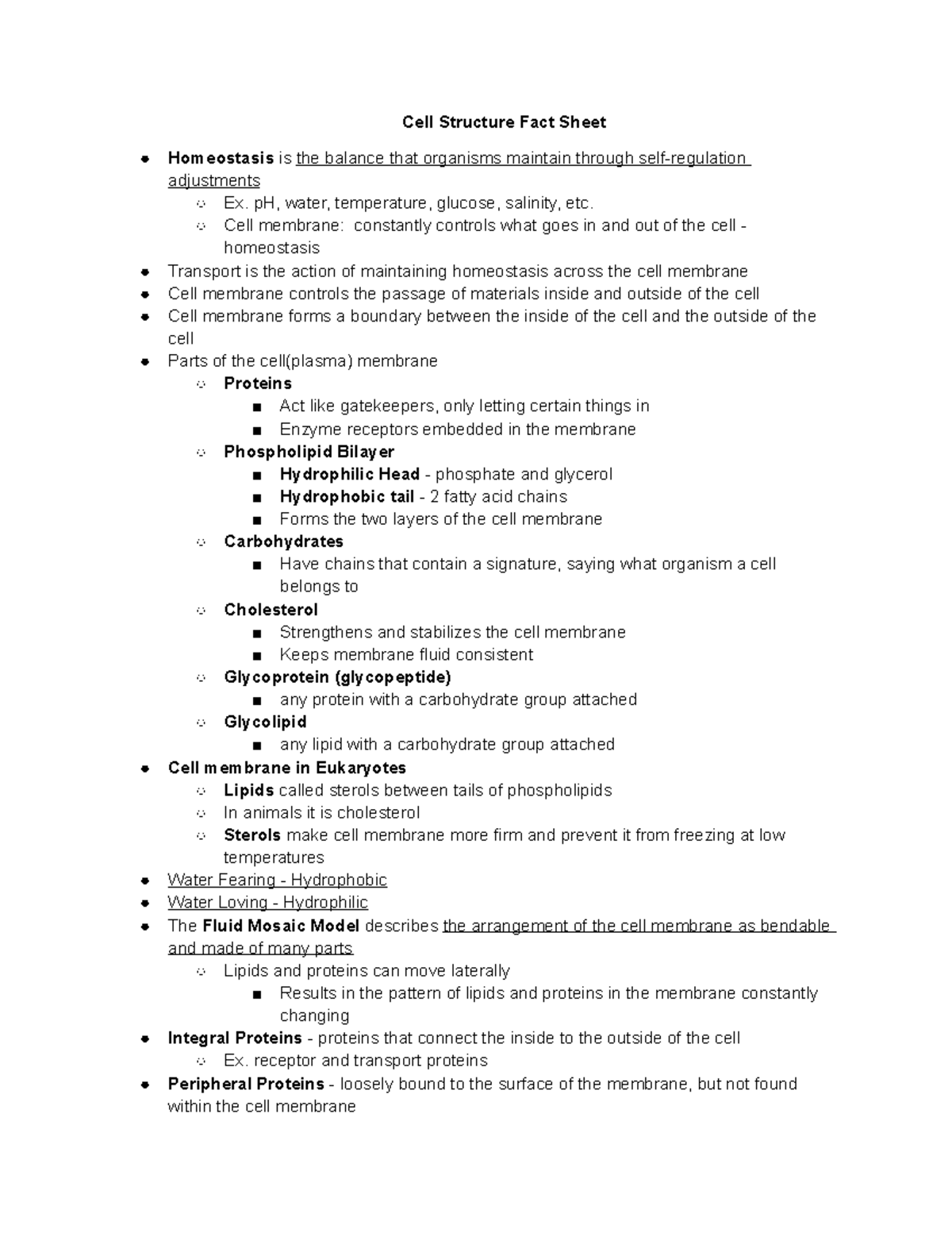Biology Cell Structure Fact Sheet - Cell Structure Fact Sheet ...