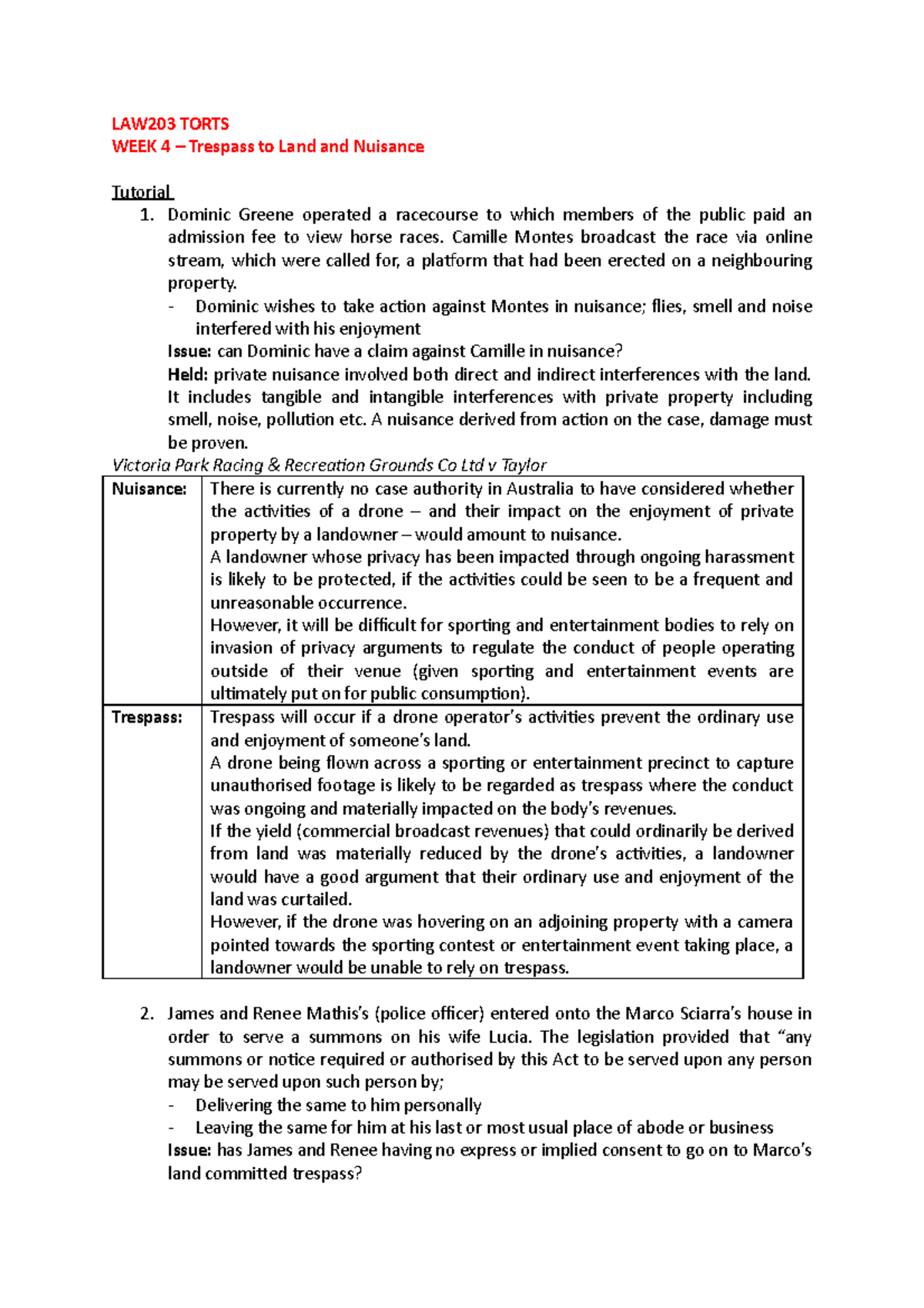 WEEK 4 – Trespass to Land and Nuisance - LAW203 TORTS WEEK 4 – Trespass to Land and Nuisance ...