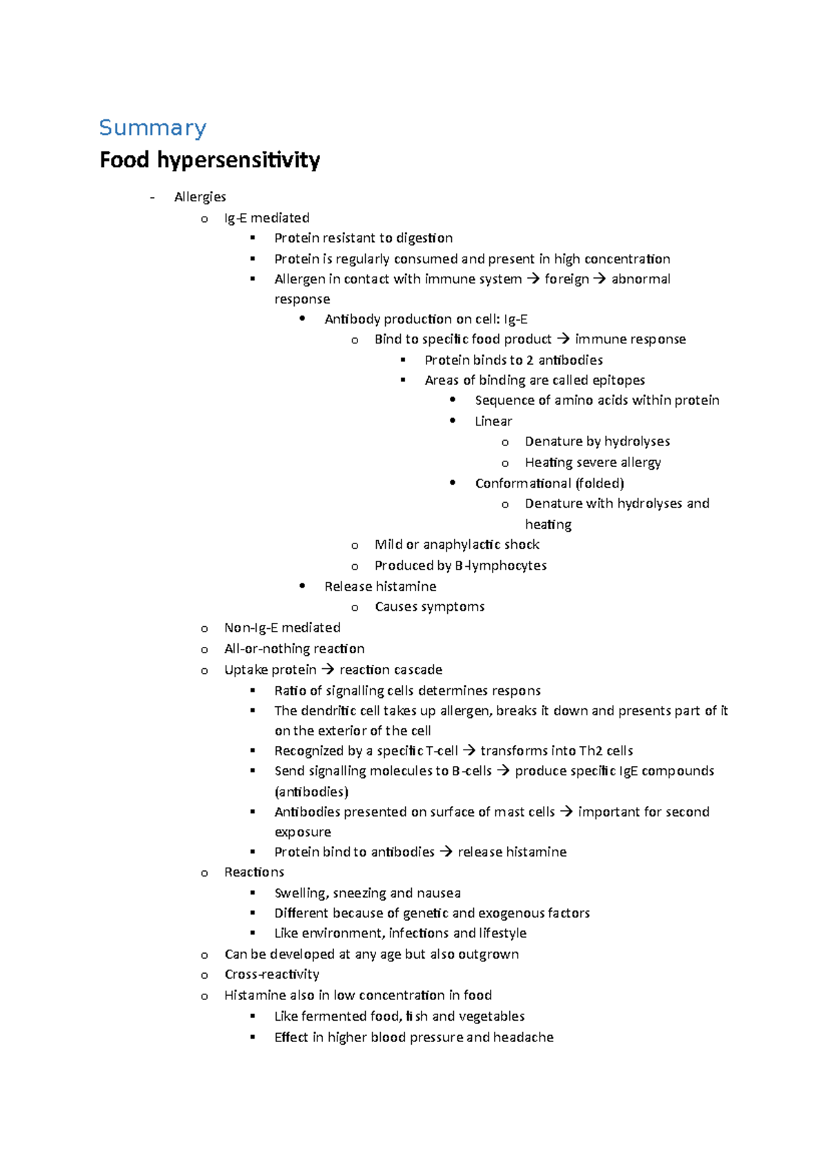 Summary nutritional aspects of food - Summary Food hypersensitivity ...