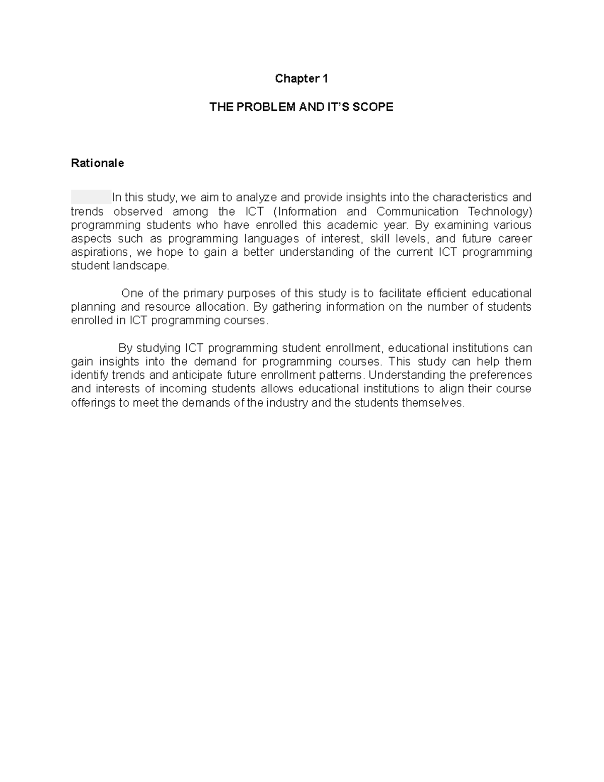 Chapter - GIVE THAT DOCUMENT PLSS - Chapter 1 THE PROBLEM AND IT’S SCOPE Rationale In this study ...