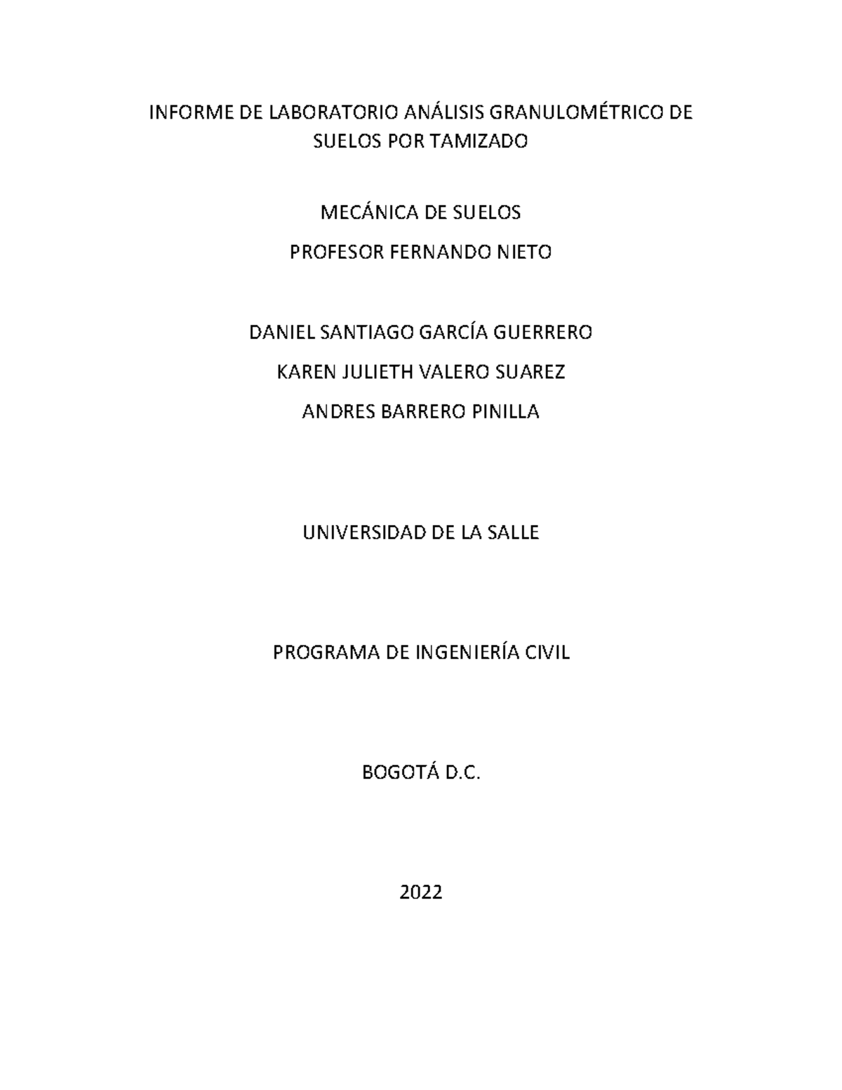 Laboratoriio tamizes suelos - INFORME DE LABORATORIO AN¡LISIS GRANULOM.. DE SUELOS POR TAMIZADO ...