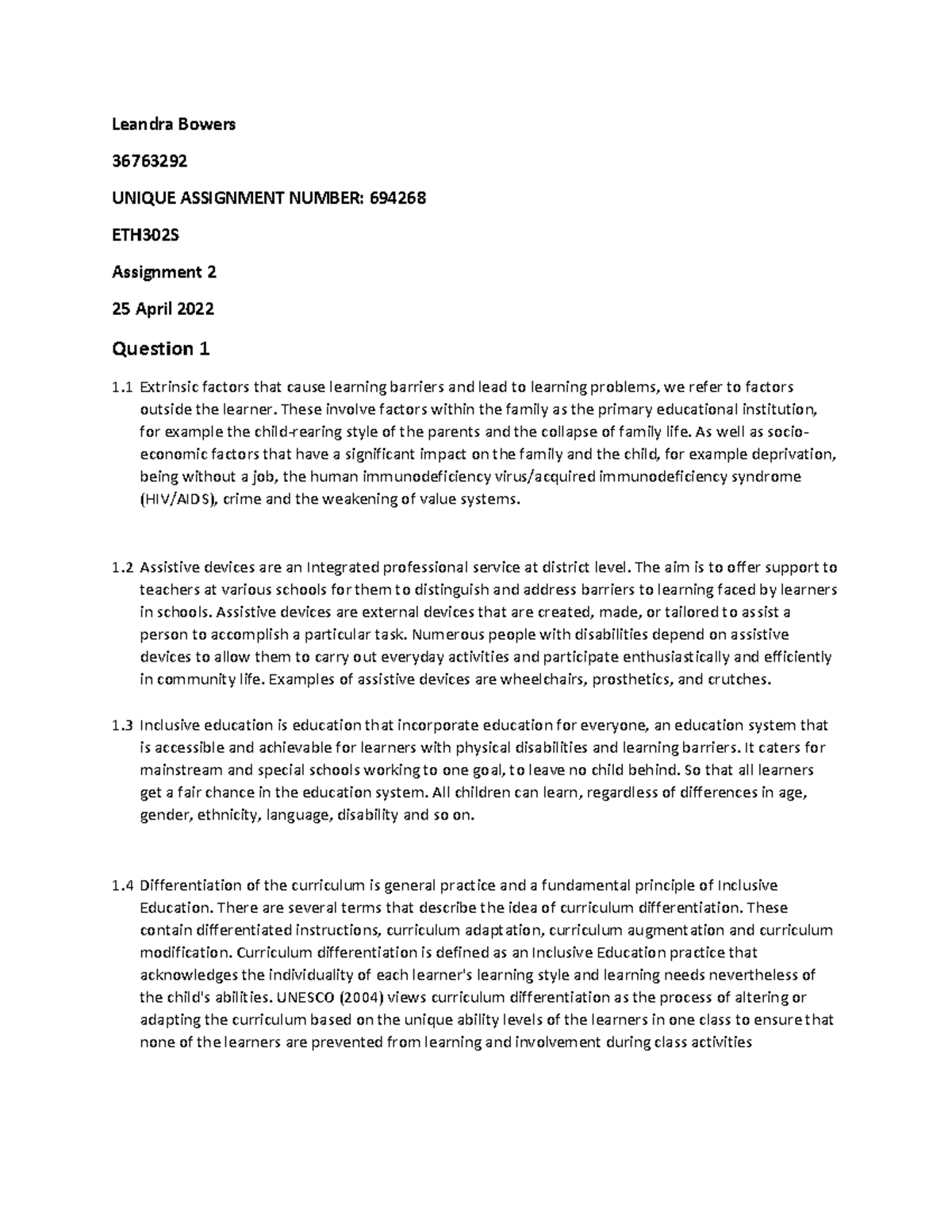 Assignment 2 - Leandra Bowers 36763292 UNIQUE ASSIGNMENT NUMBER: 694268 ...