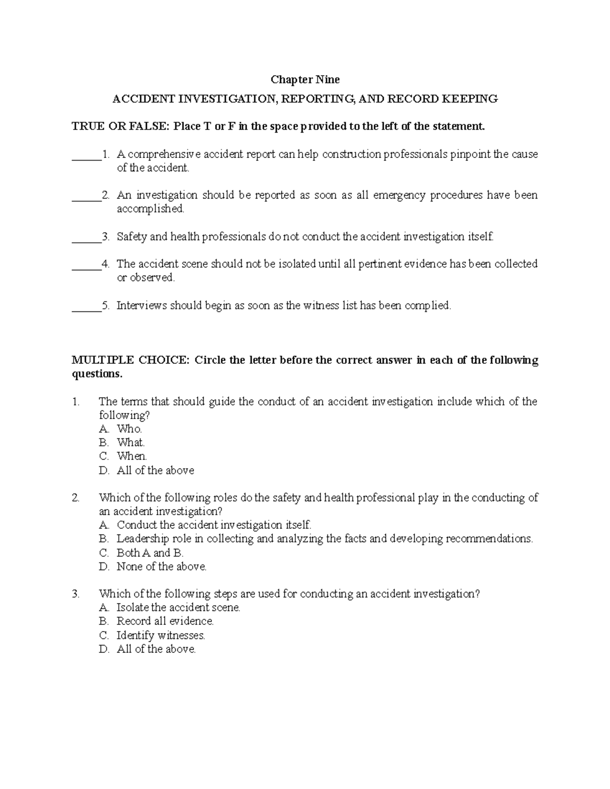 Chapters 9 to 16 - Chapter Nine ACCIDENT INVESTIGATION, REPORTING, AND ...