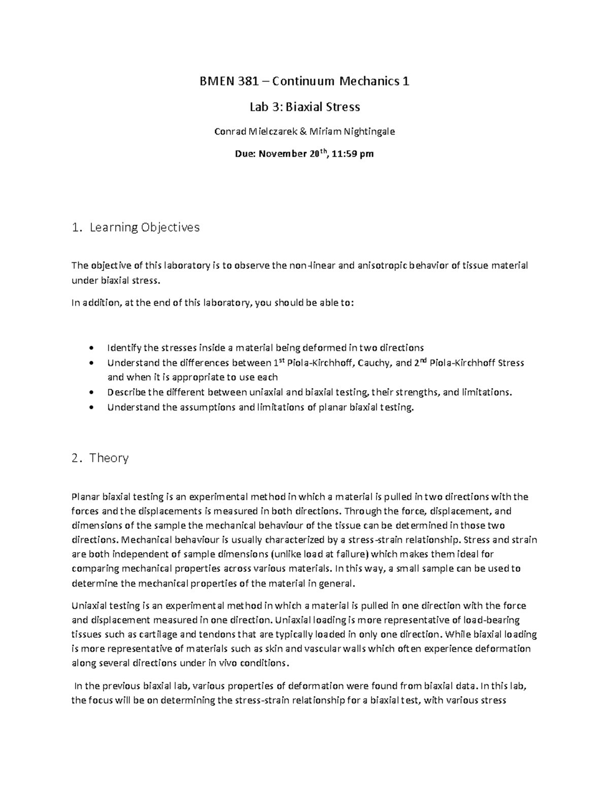 Lab 3 Biaxial Stress Guidelines - BMEN 381 – Continuum Mechanics 1 Lab ...