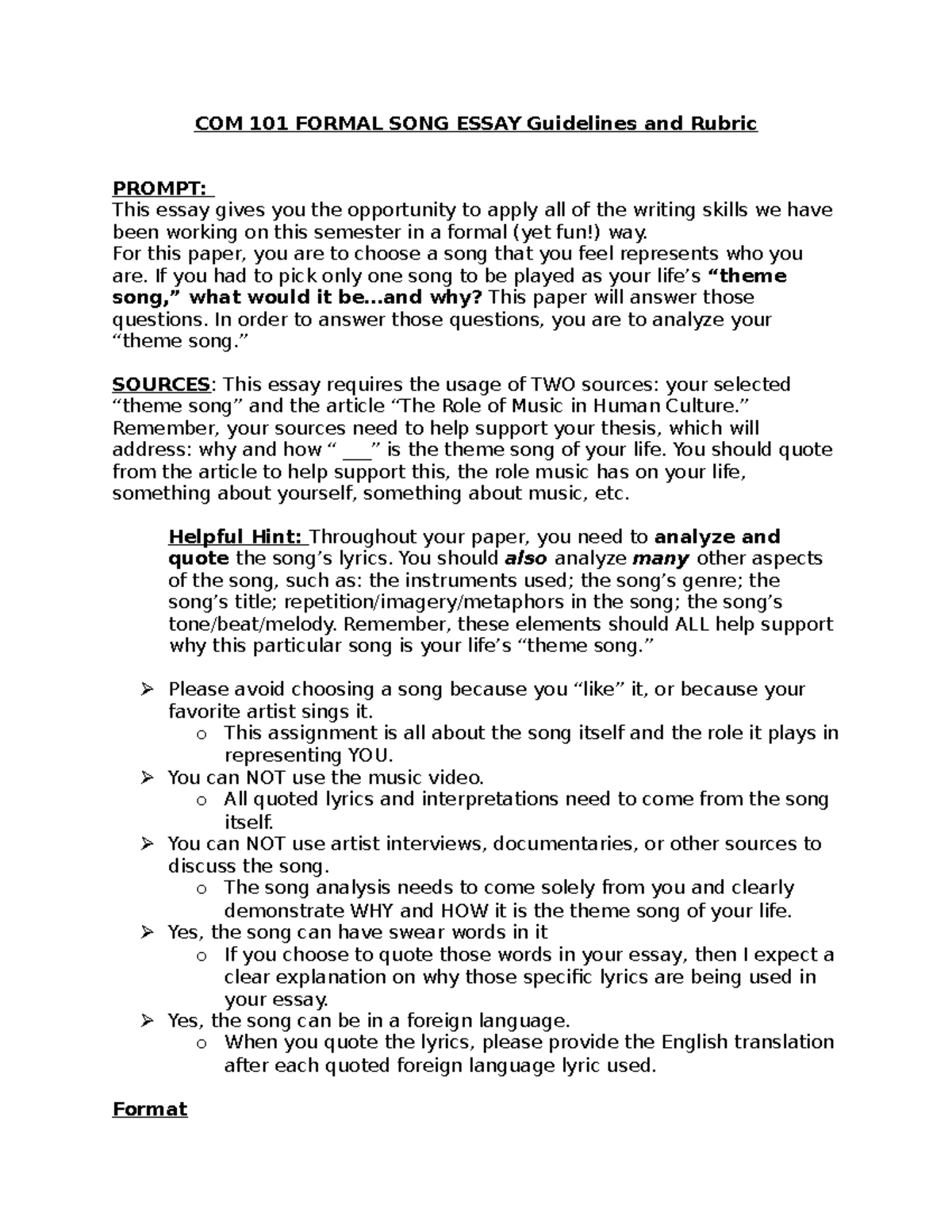 COM 101 Formal SONG Essay Guidelines and Rubric-1 - COM 101 FORMAL SONG ...