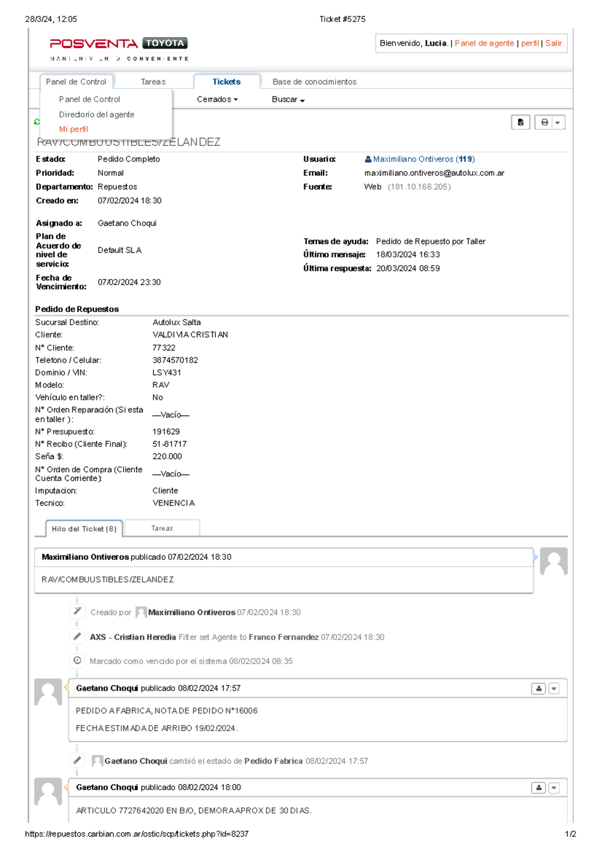 Ticket #5275 - 28/3/24, 12:05 Ticket repuestos.carbian.com/ostic/scp/tickets.php?id=8237 1 ...