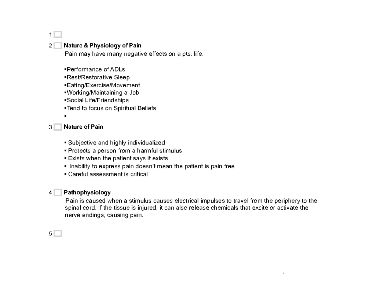Pain, Comfort, and Sleep FA22 Student Handout - Nature & Physiology of ...