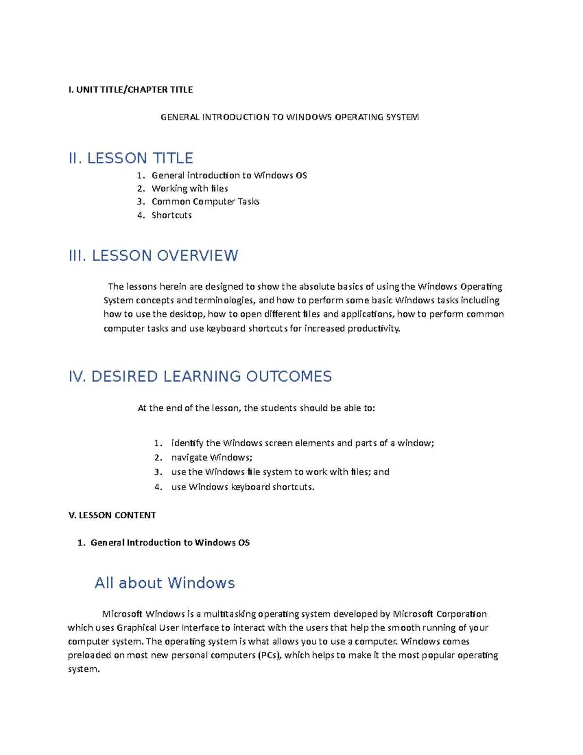 Advance. com. module 1 - I. UNIT TITLE/CHAPTER TITLE GENERAL ...