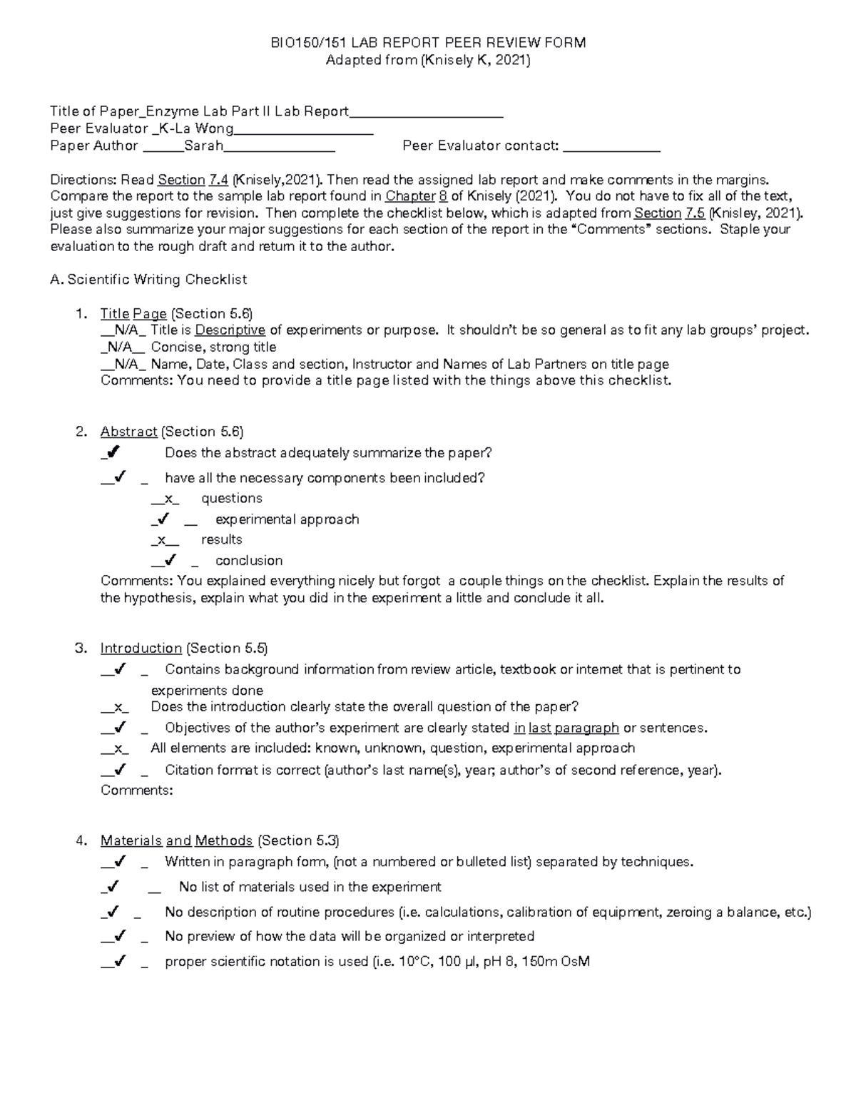 BIO150 151 Peer Review Form 2021 - BIO150/151 LAB REPORT PEER REVIEW ...
