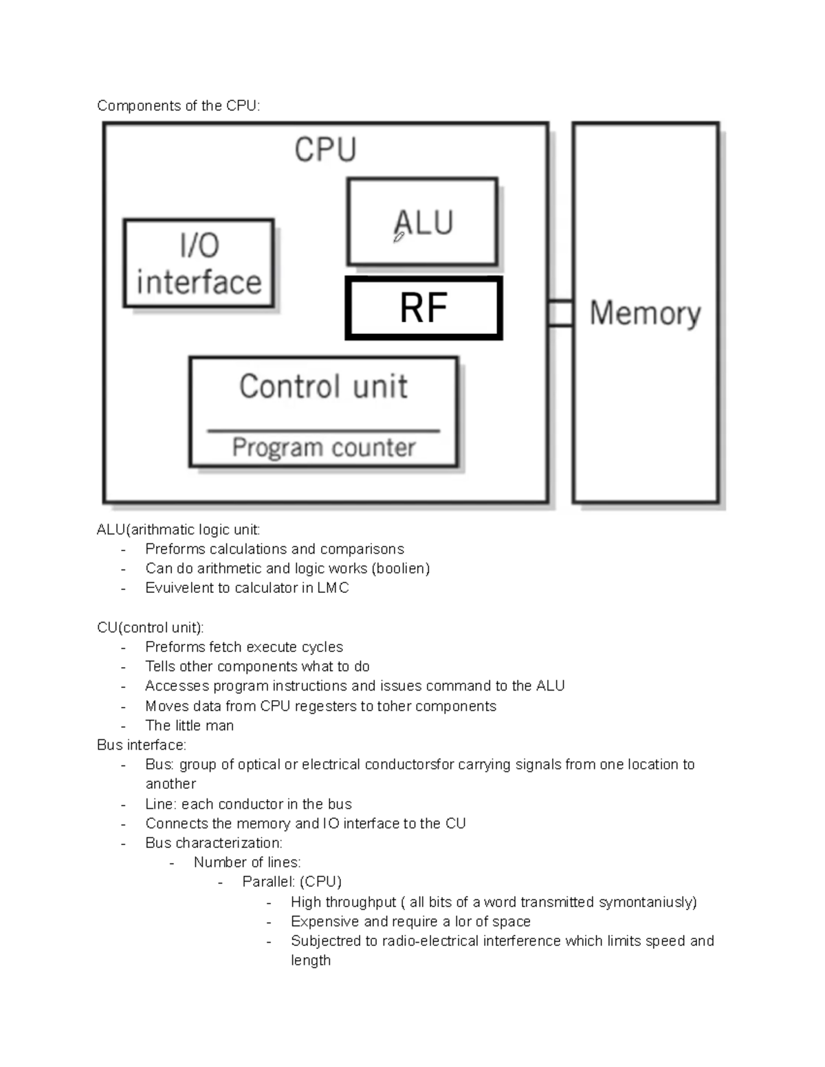 ITEC1000 chapter 7-8 notes - Components of the CPU: ALU(arithmatic ...