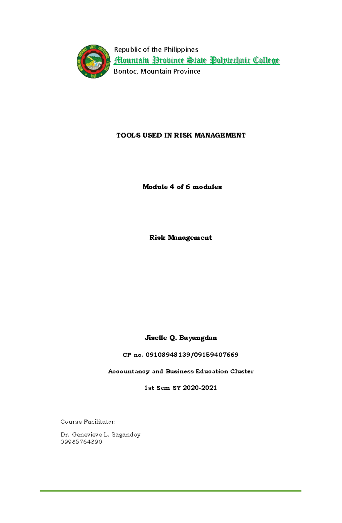 Module-4-risk - easy - Republic of the Philippines Mountain Province ...