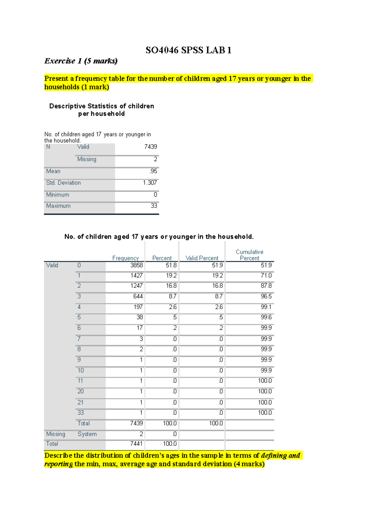 SO4046 SPSS LAB finished output - SO4046 SPSS LAB 1 Exercise 1 (5 marks ...