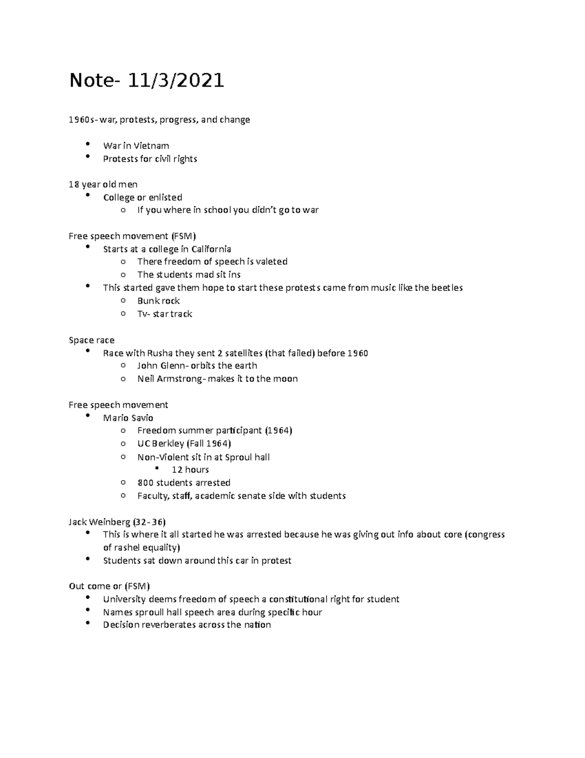 2021 History of the USA state since 1865 notes - Note- 11/3/ 1960s- war ...