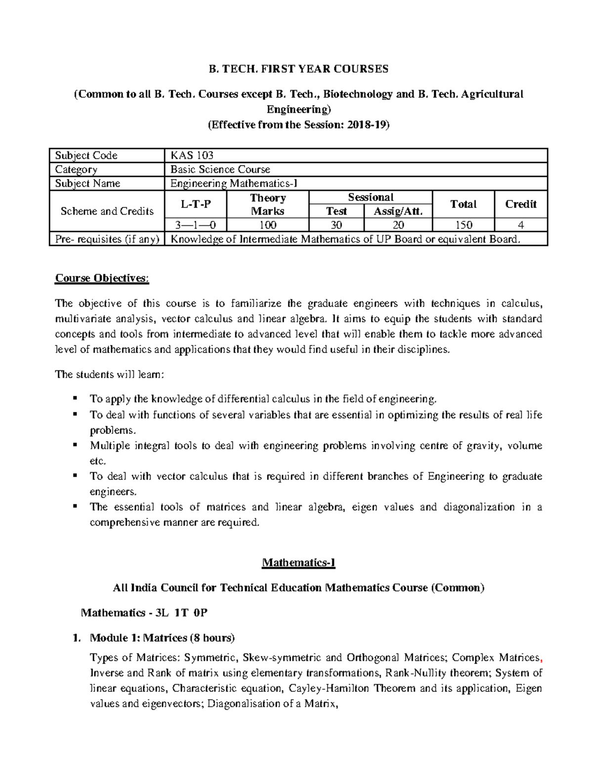 Maths 1year common - Bnlm - B. TECH. FIRST YEAR COURSES (Common to all ...
