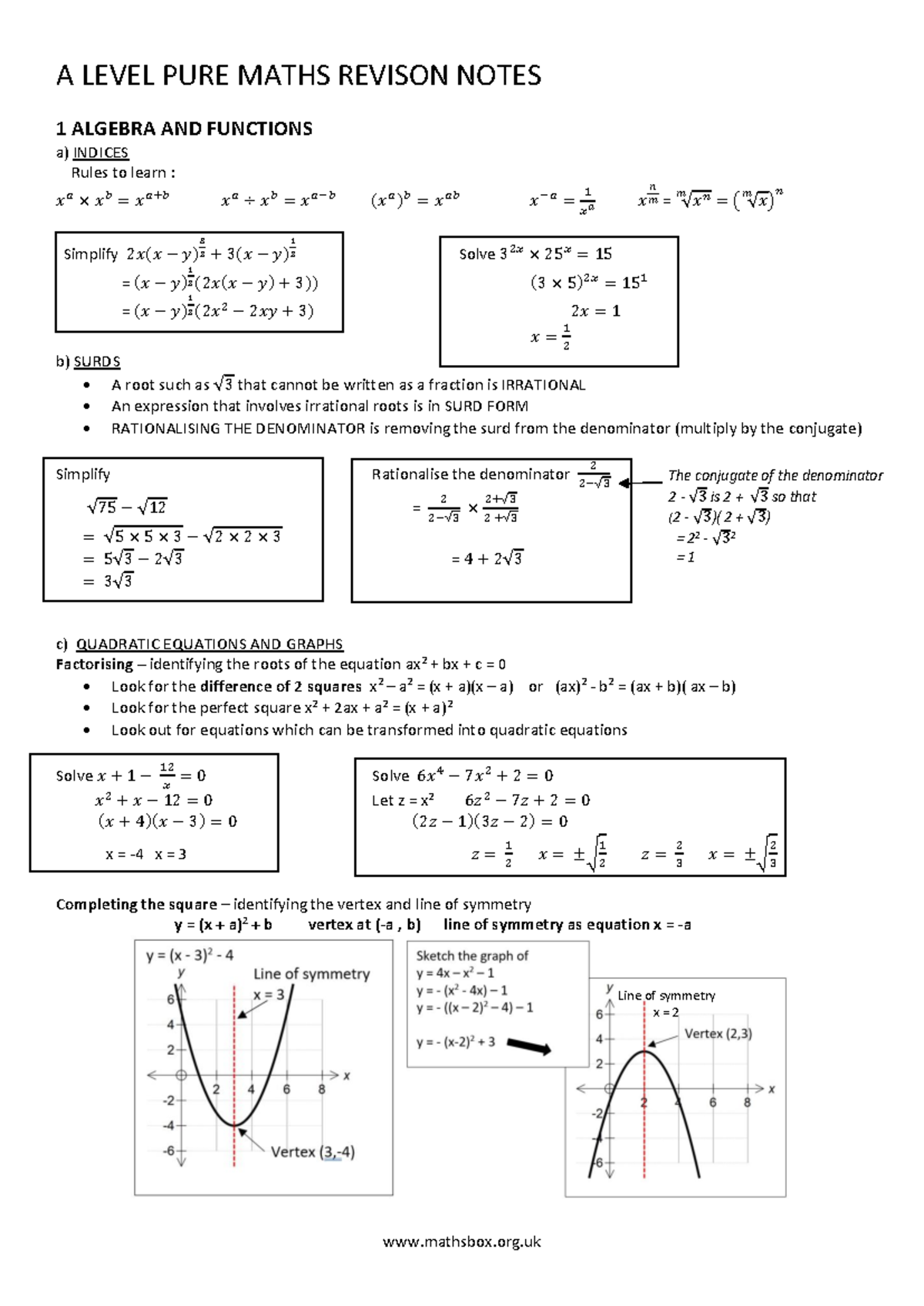 Acore Notes For Pure Maths A Level A Level Pure Maths Revison Notes 1 Algebra And Functions