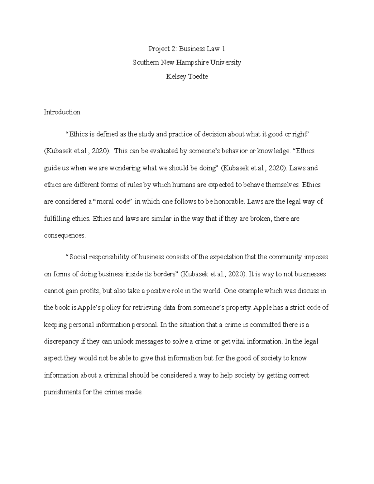 Project 2 BUS 206 - ADFASDF - Project 2: Business Law 1 Southern New ...