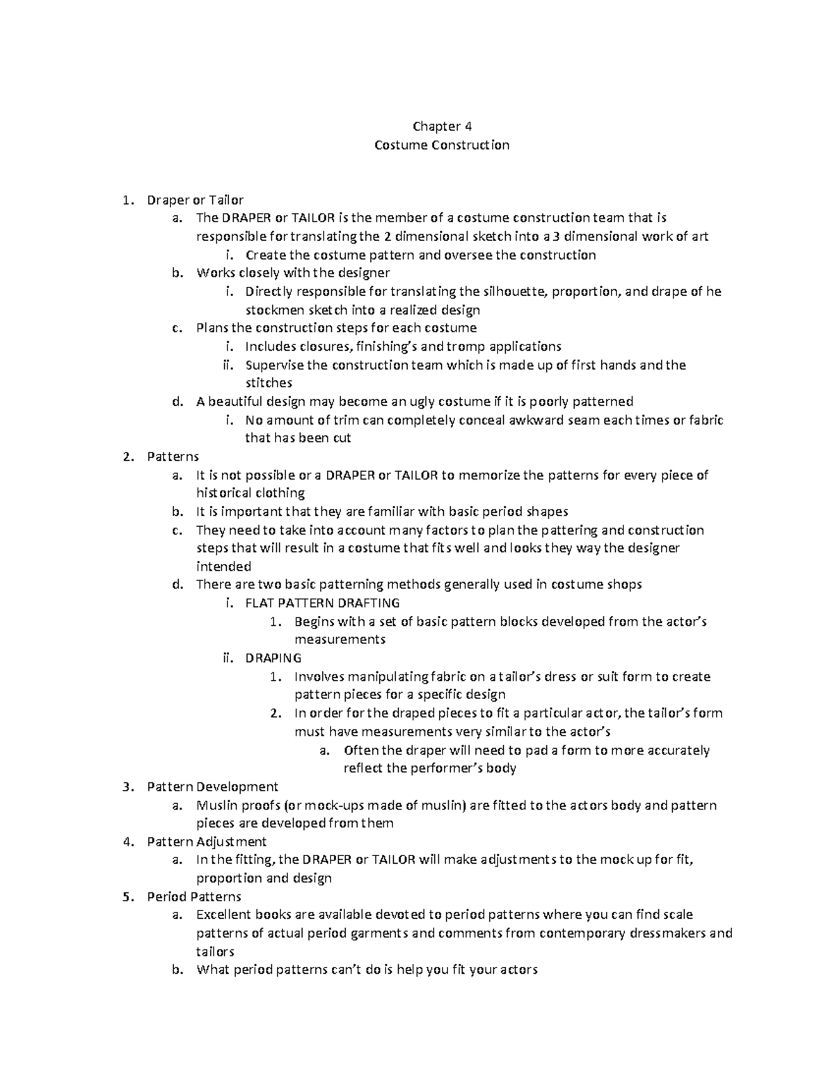 Chapter 4 Notes - Chapter 4 Costume Construction Draper or Tailor a ...