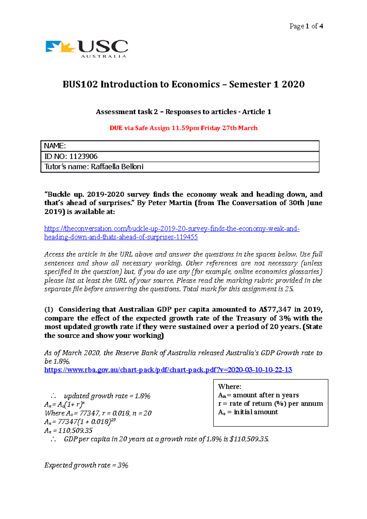 BUS102 Task 1 Assignment - BUS102 Introduction to Economics – Semester ...
