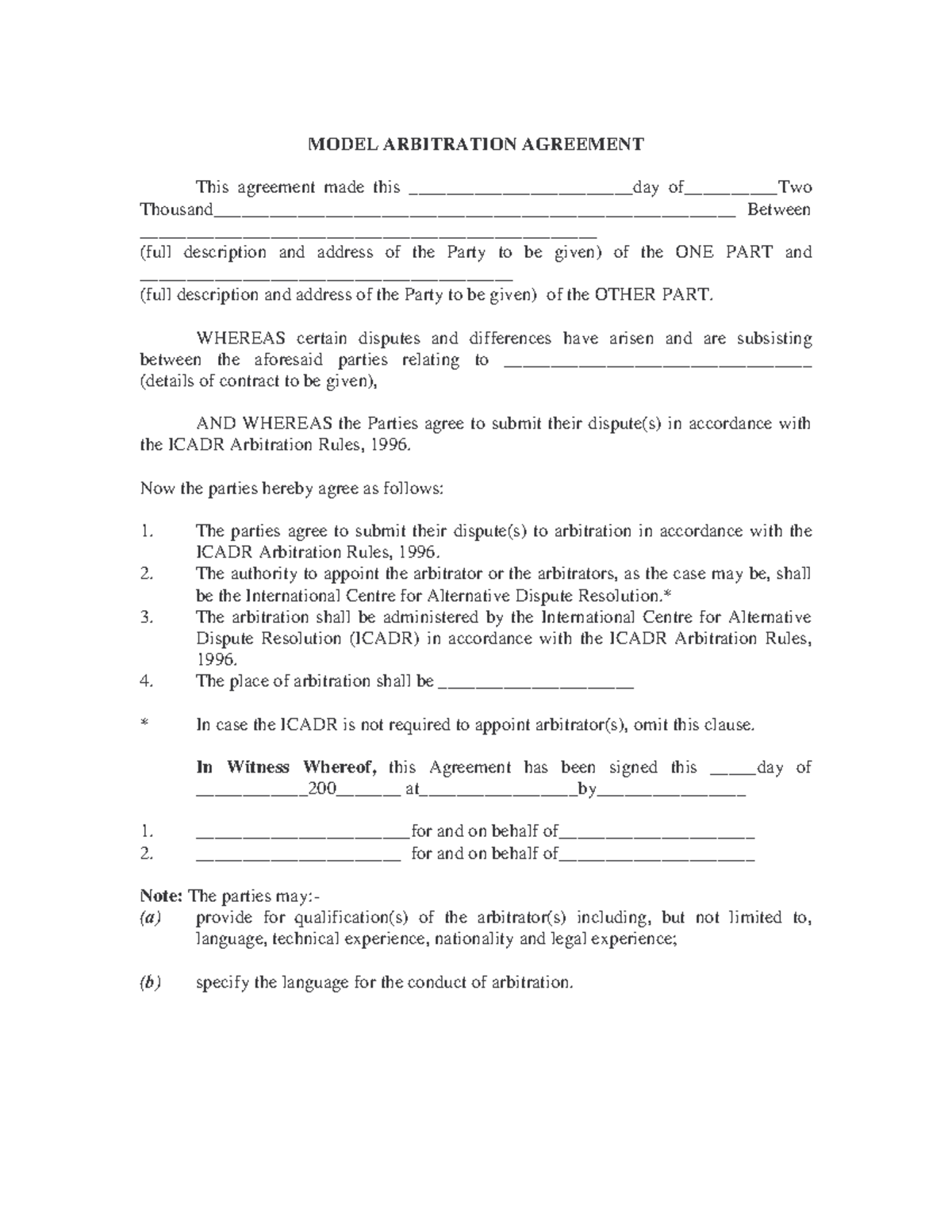 Modelarbitrationagreement - MODEL ARBITRATION AGREEMENT This agreement ...