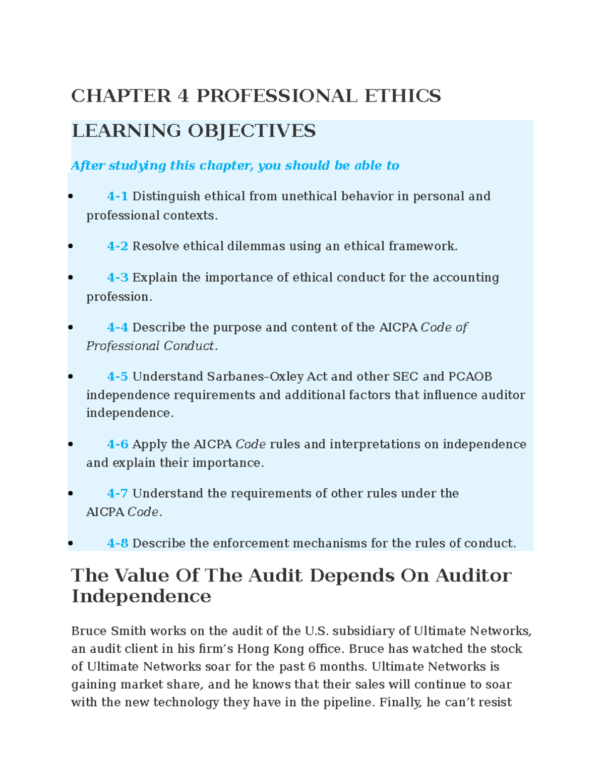 auditing and assurance - CHAPTER 4 PROFESSIONAL ETHICS LEARNING OBJECTIVES After studying this ...