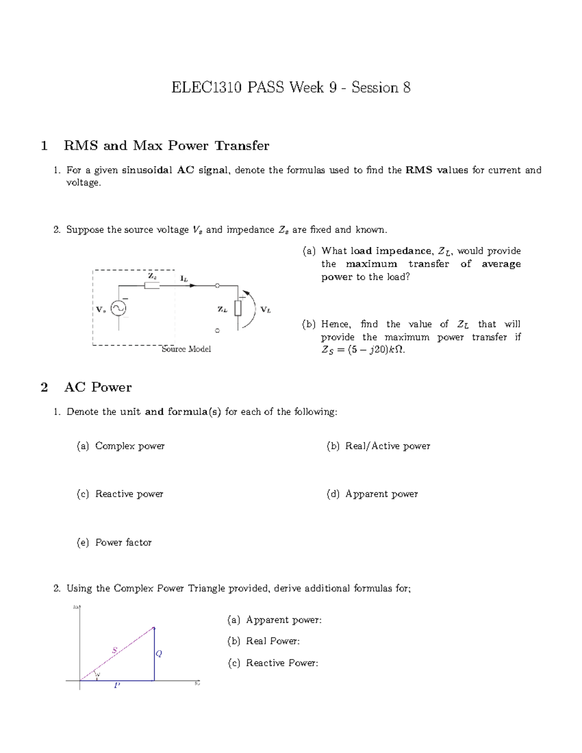 ELEC1310 PASS8 - Week 8 content - ELEC1310 PASS Week 9 - Session 8 1 RMS and Max Power Transfer ...