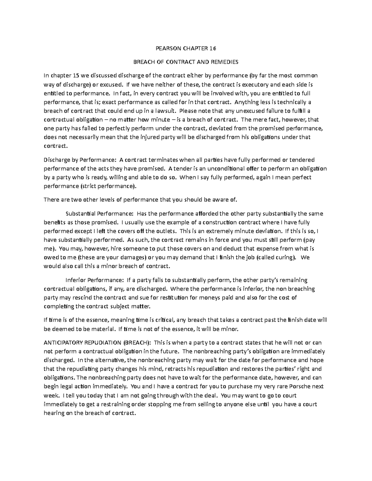 Pearson Chapter 16-1 - PEARSON CHAPTER 16 BREACH OF CONTRACT AND ...