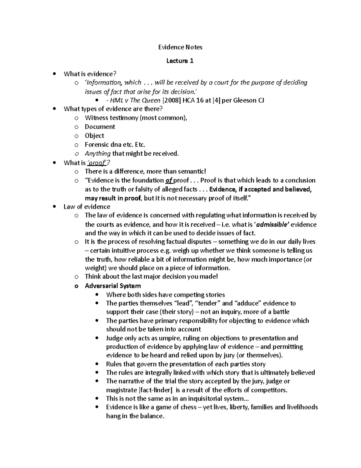 Evidence Notes - Evidence Notes Lecture 1 What is evidence? o ...