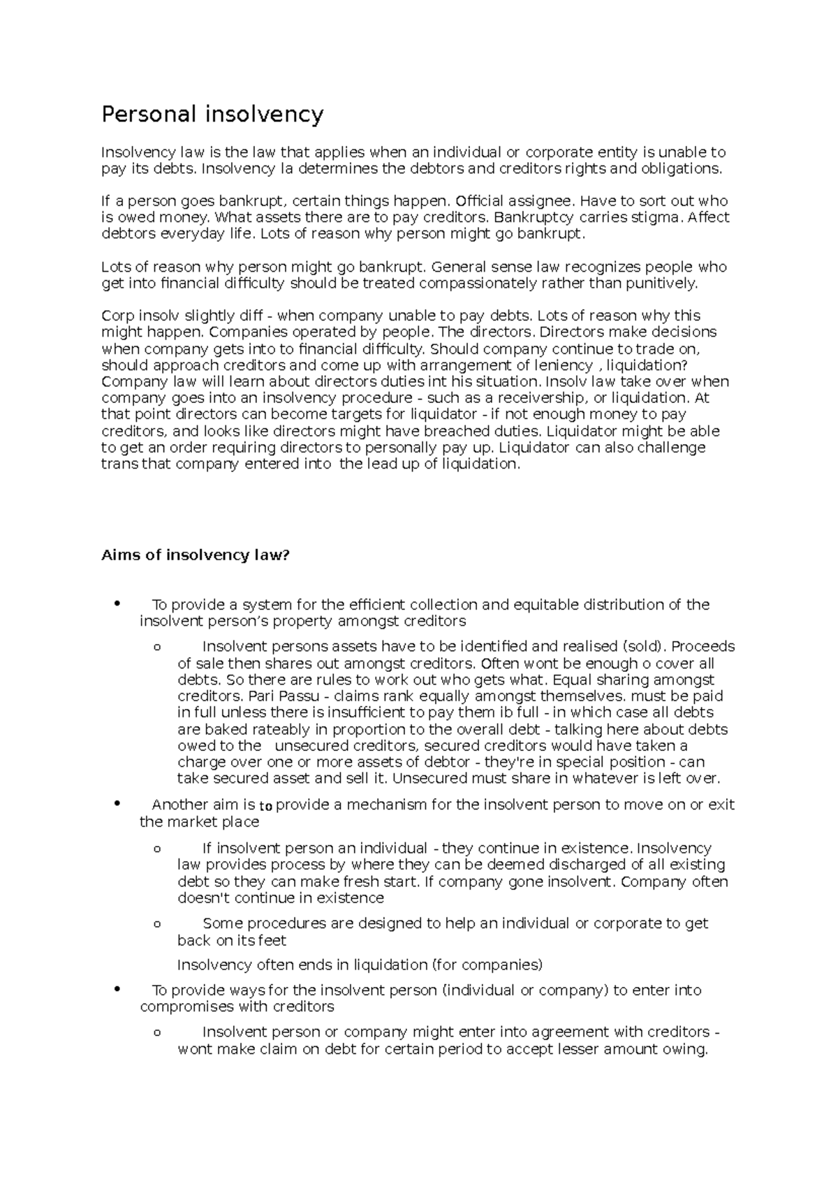 Personal insolvency - Lecture notes 1-9 - Personal insolvency ...