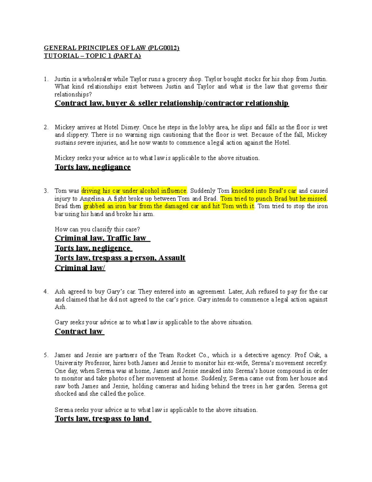 TUT 1 - Topic 1 (Part A) answers - GENERAL PRINCIPLES OF LAW (PLG0012 ...