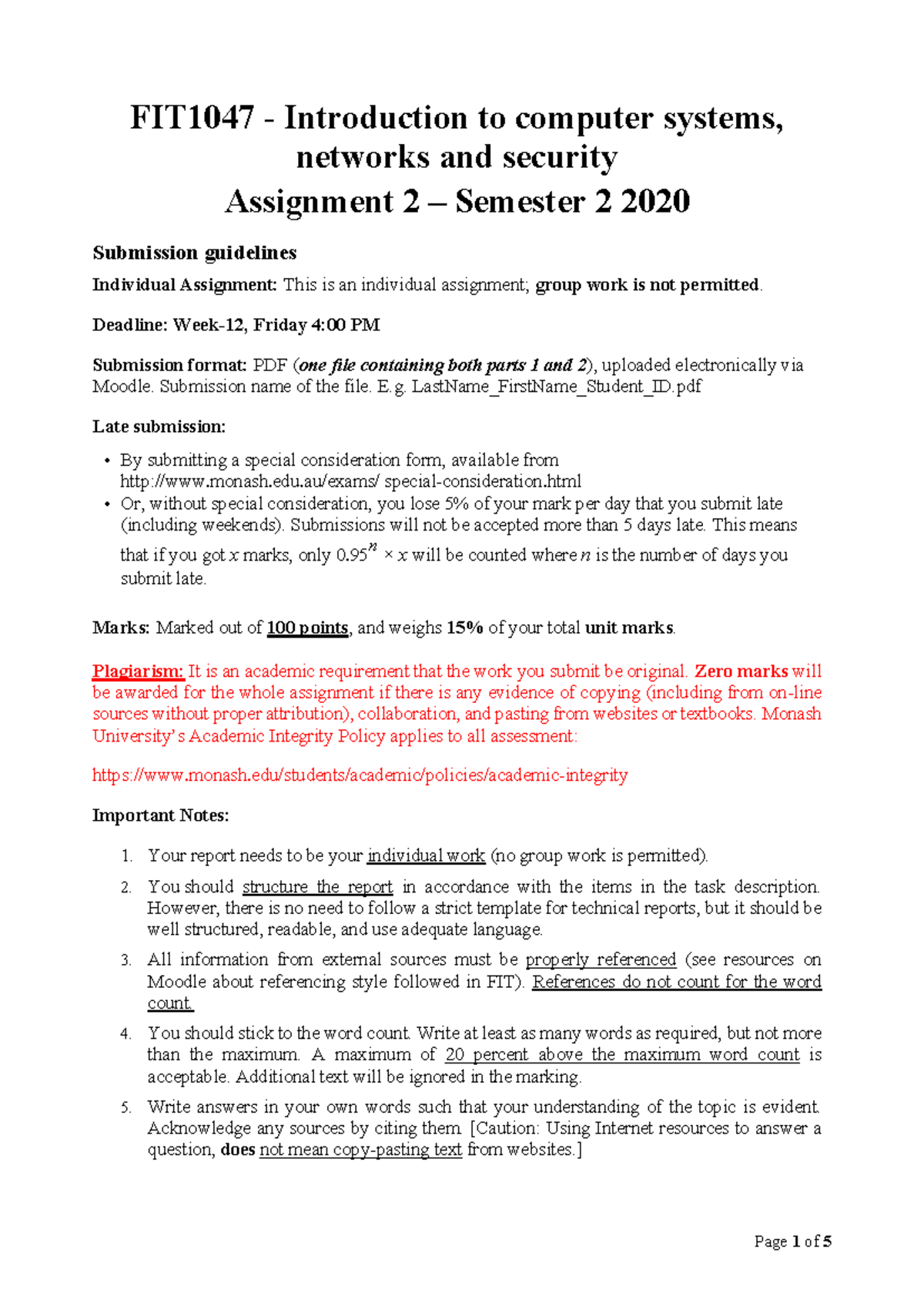 FIT1047 Assignment 2 S2 2020 - FIT1047 Introduction to computer systems, networks and security ...