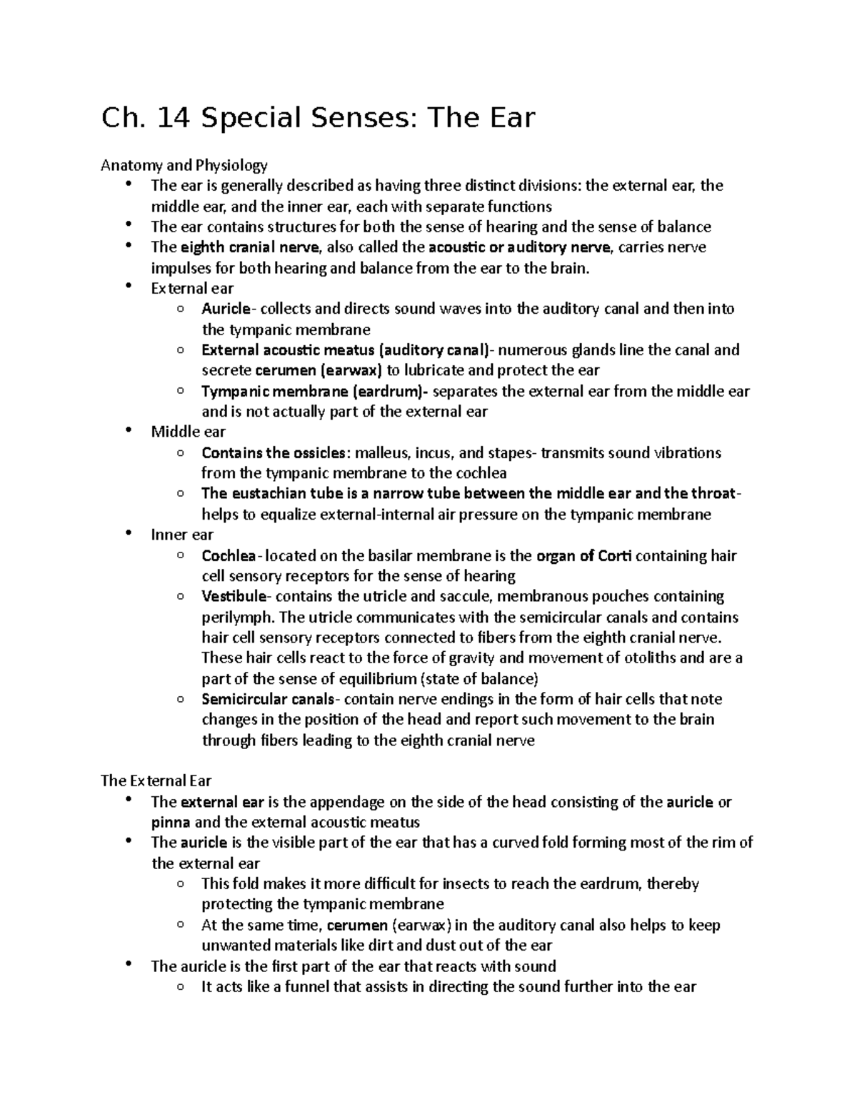 Ch. 14 Special Senses The Ear - Ch. 14 Special Senses: The Ear Anatomy ...