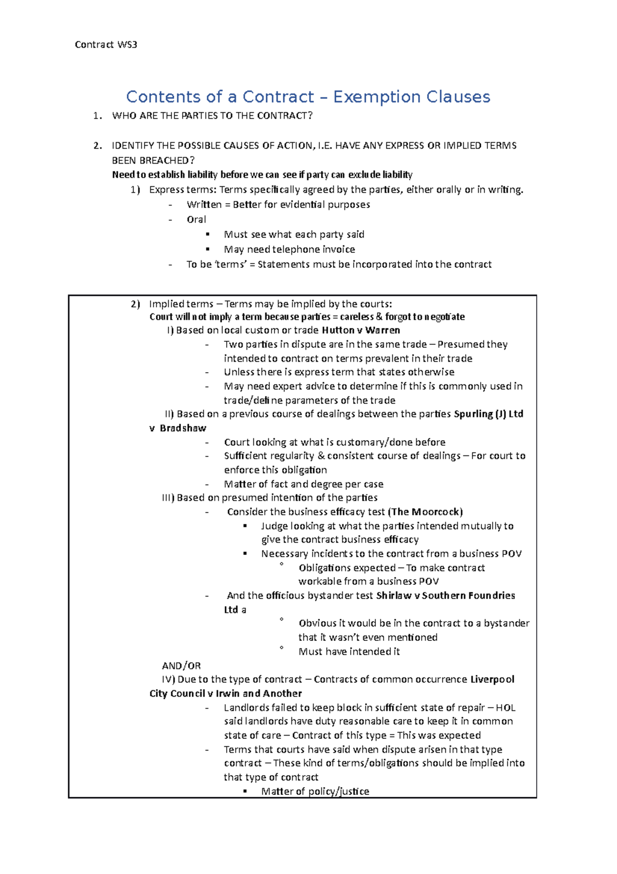 Contract WS3 Contents of a Contract - Exemption Clauses Structure ...