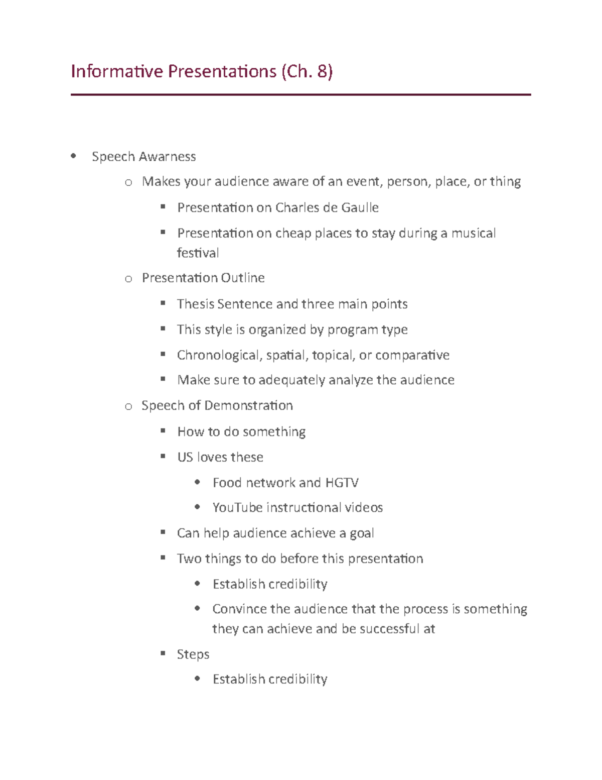 Chapter 8 Notes - Informative Presentations (Ch. 8) Speech Awarness o ...