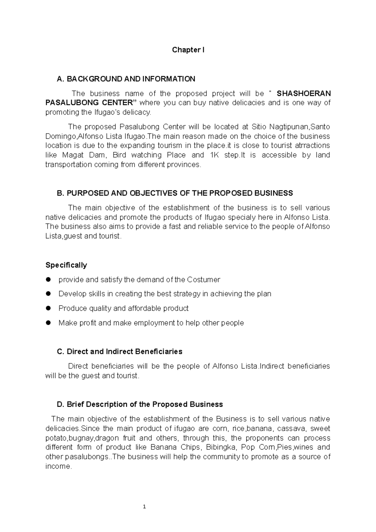 Business plan 2 - Chapter I A. BACKGROUND AND INFORMATION The business ...