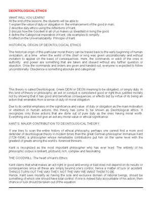 5 - ETHICS TOPIC LESSON - Let’s study! DEONTOLOGICAL ETHICS WHAT WILL YOU LEARN? At the end of ...